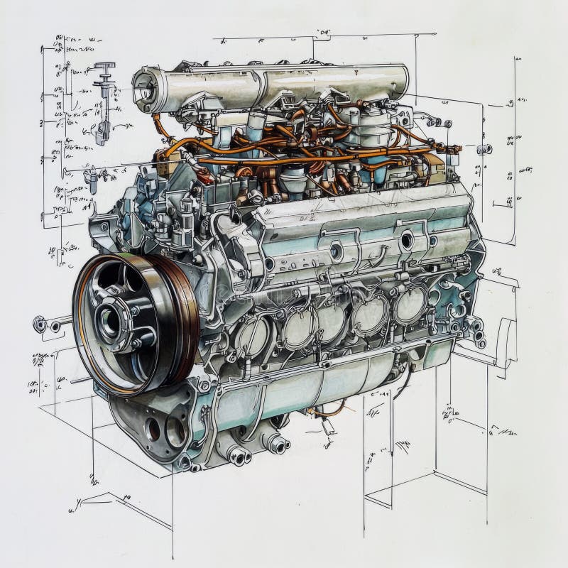 Engine Pencil Sketch. Wire-frame Style Blueprint. Stock Photo - Image of modern, blueprint ...