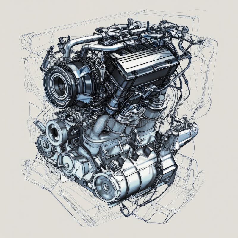 Engine Pencil Sketch. Wire-frame Style Blueprint. Stock Image - Image ...
