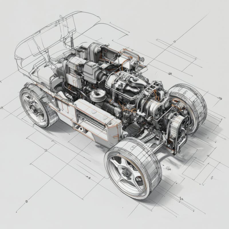 Engine Pencil Sketch. Wire-frame Style Blueprint. Stock Image - Image ...
