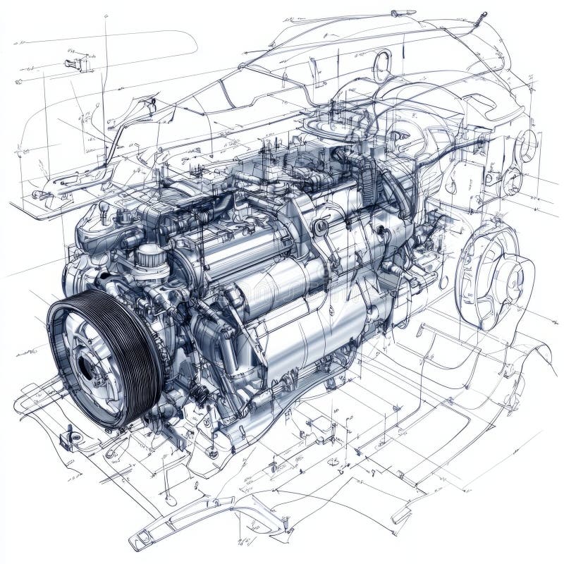 Engine Pencil Sketch. Wire-frame Style Blueprint. Stock Photo - Image ...