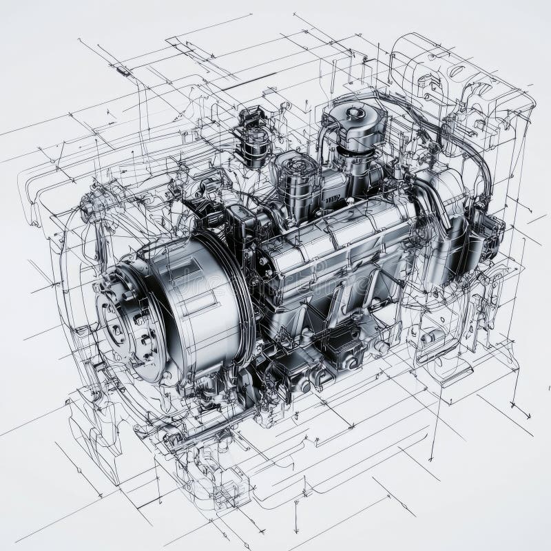 Engine Pencil Sketch. Wire-frame Style Blueprint. Stock Photo - Image ...