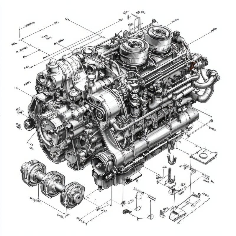 Engine Pencil Sketch. Wire-frame Style Blueprint. Stock Photo - Image ...