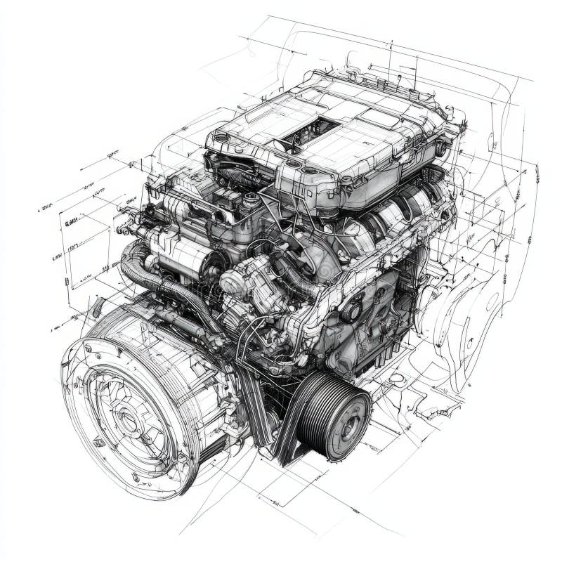 Engine Pencil Sketch. Wire-frame Style Blueprint. Stock Image - Image ...