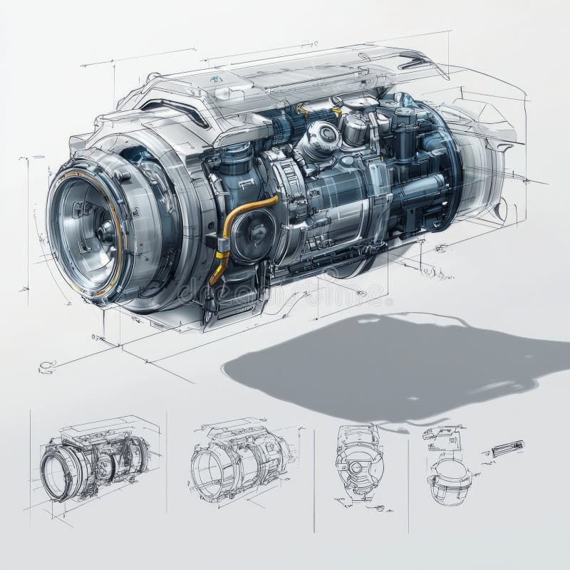 Engine Pencil Sketch. Wire-frame Style Blueprint. Stock Photo - Image ...