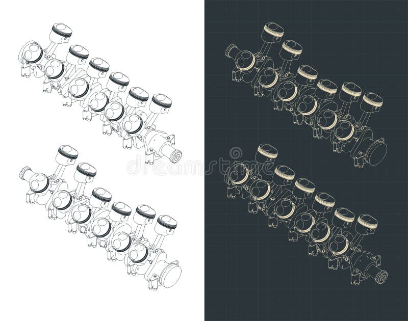 Engine Pistons on a Crankshaft Isometric Blueprints Stock Vector ...