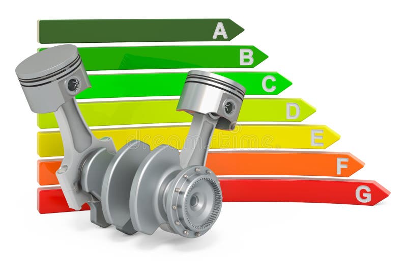 Engine Pistons with Energy Efficiency Chart, 3D Rendering Stock ...