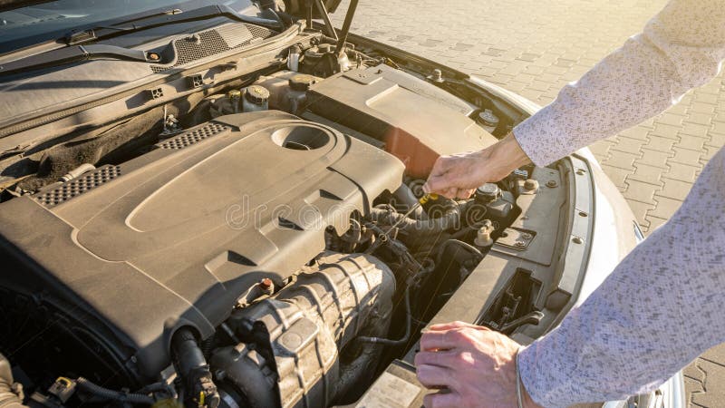 Engine Problem. Driver Man Near Open Hood Vehicle Broken Down on Road ...