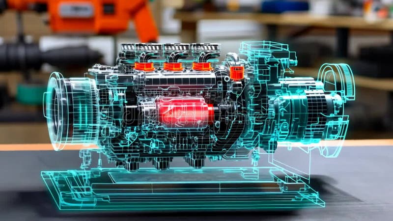 Engine Prototype Blueprint with Glowing Components and Transparent ...