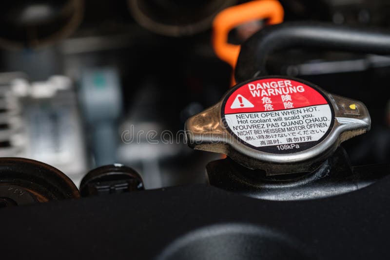 Engine Radiator Cap with Warning Labels Stock Photo - Image of ...
