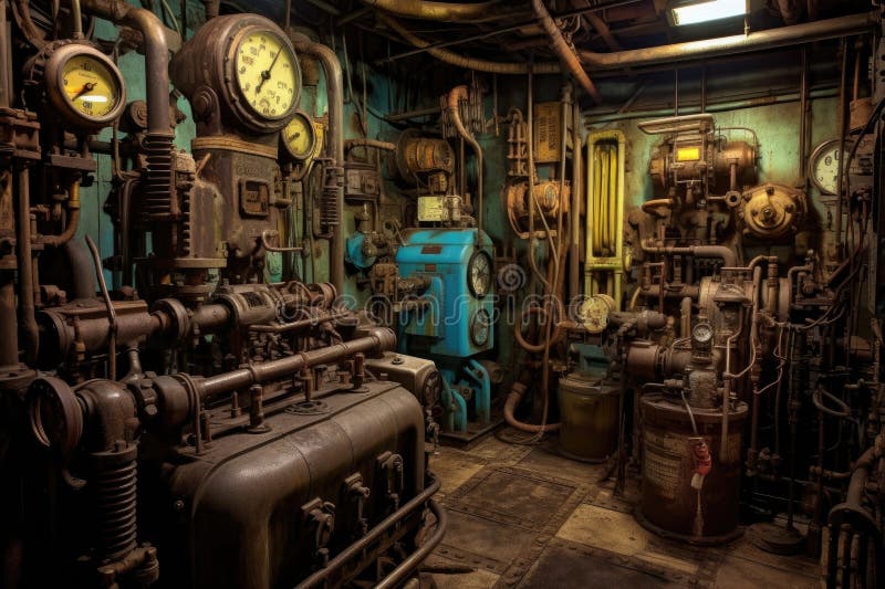Engine Room with Machinery, Gauges, and Tools for Maintenance Stock ...