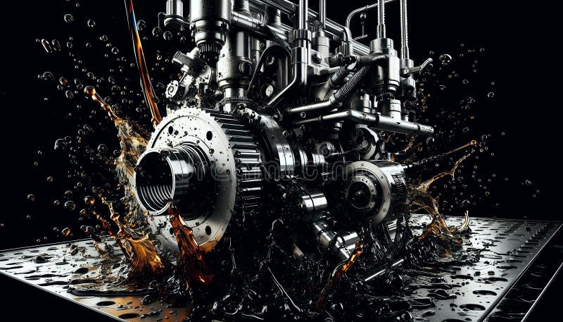 Mechanical Engine Components Surrounded by Splashes of Oil. Stock ...