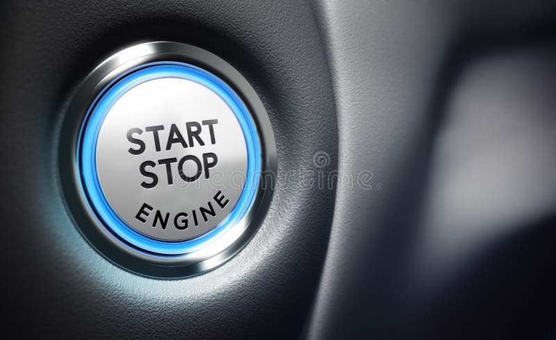 Red Engine Start Stop Button with an LED Blue Light on Panel Stock ...