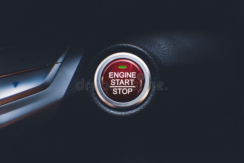 Red Engine Start Stop Button with an LED Blue Light on Panel Stock ...