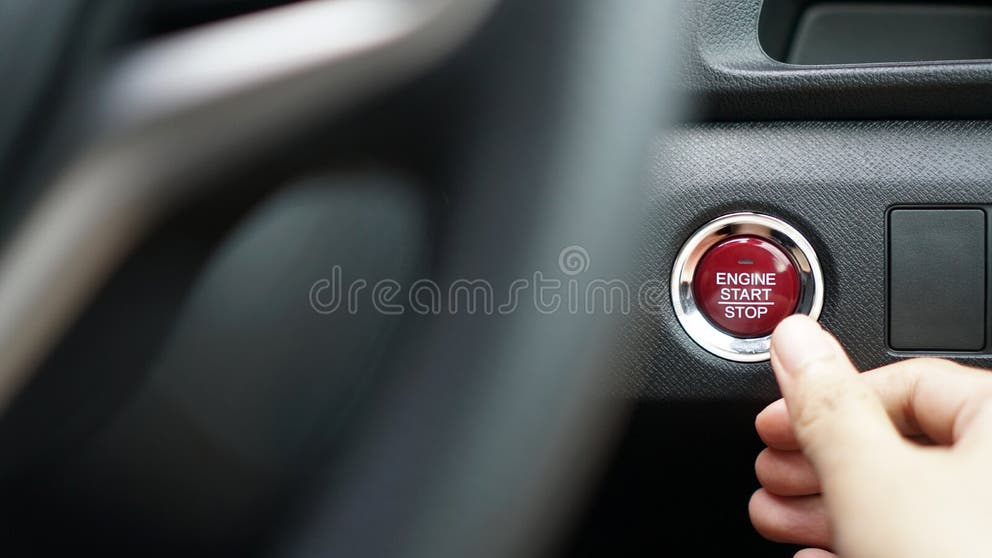 Engine Start and Stop Button Functions in the Car with Hand Pressing ...