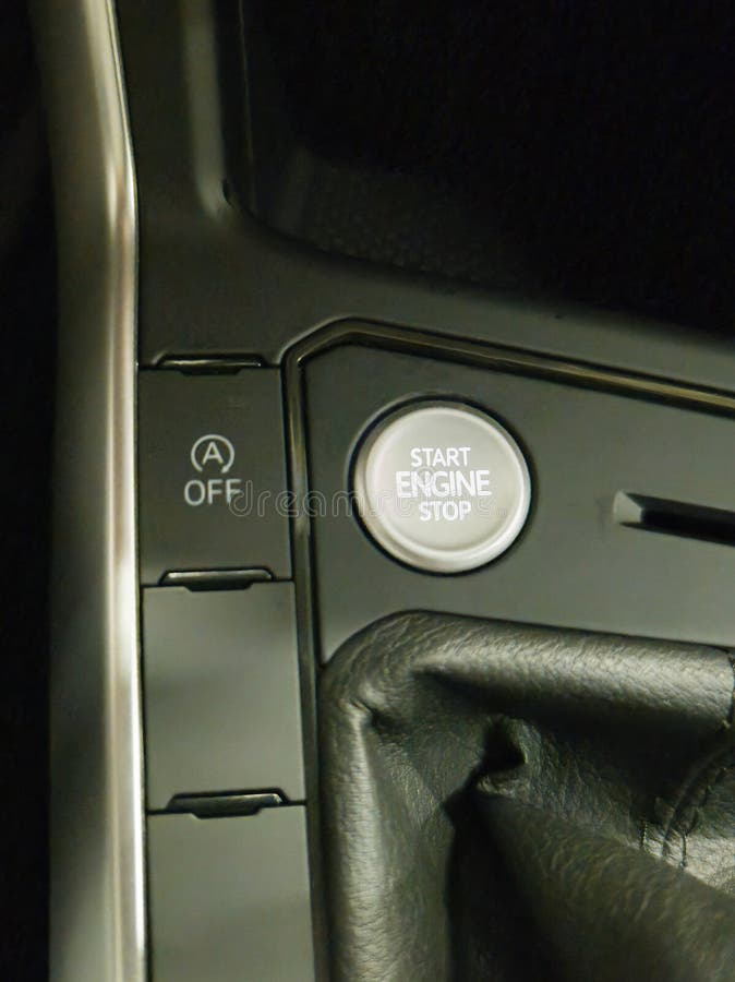 Engine Start Stop Button on Modern Car. Black Leather Textured ...