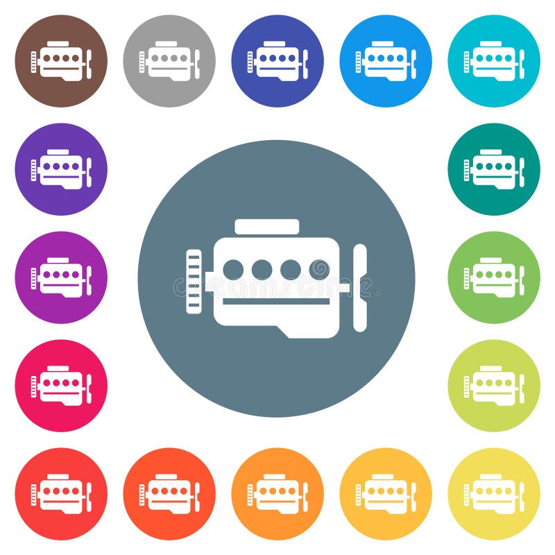 Engine Symbol Flat White Icons on Round Color Backgrounds Stock Vector ...