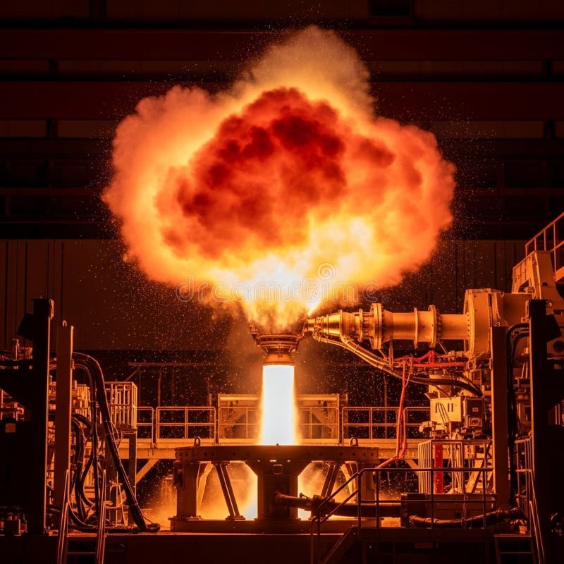 Engine Test Firing in a Controlled Facility Emitting a Powerful Fiery ...