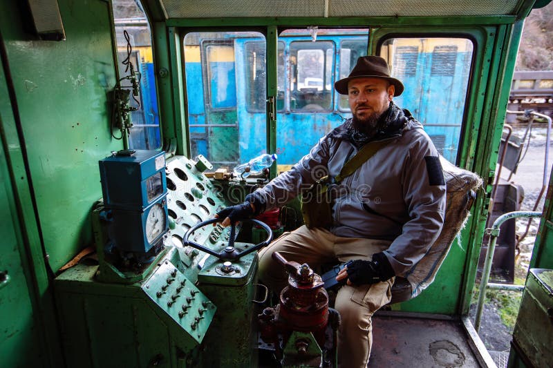 Engine Train Driver Inside of Locomotive Control Room Stock Image ...