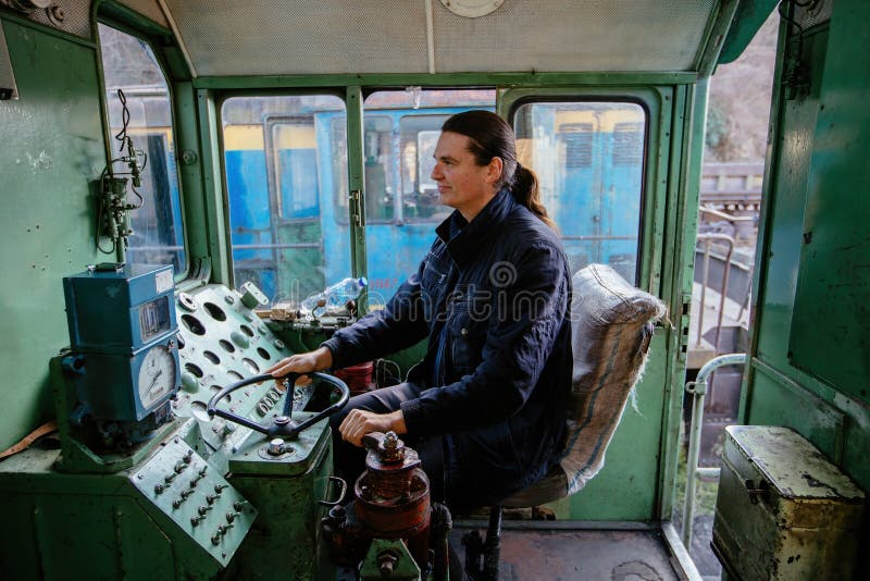 Engine Train Driver Inside of Locomotive Control Room Stock Image ...