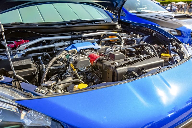 Engine Under the Hood of a Modern Blue Car Stock Photo - Image of ...