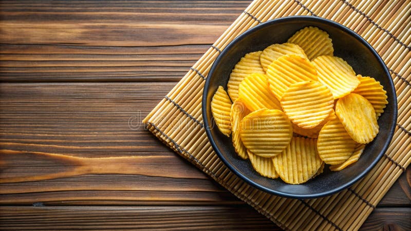 Engine Wavy Potato Chips in a Black Bowl on a Wooden Table with a ...