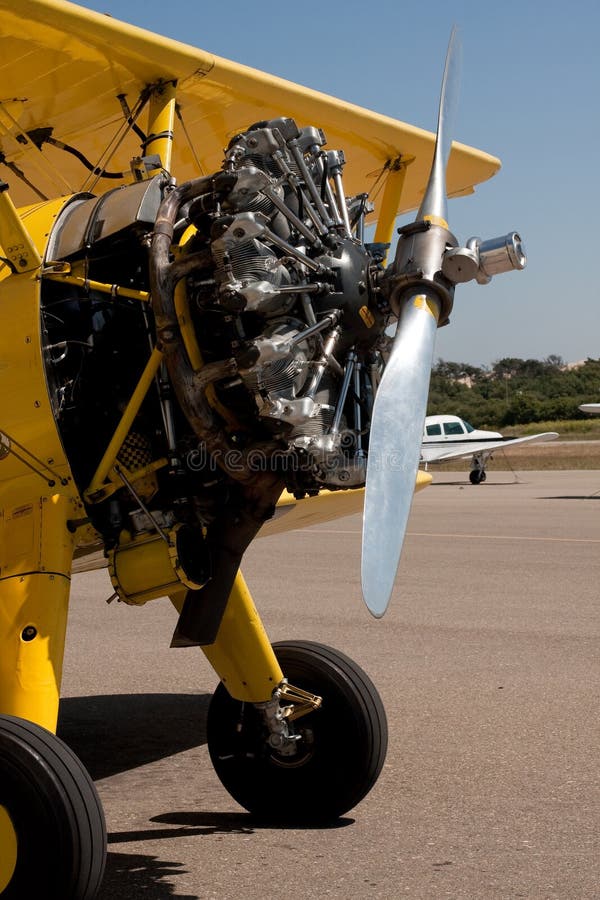 Engine on Yellow Biplane at Airport Stock Photo - Image of open ...