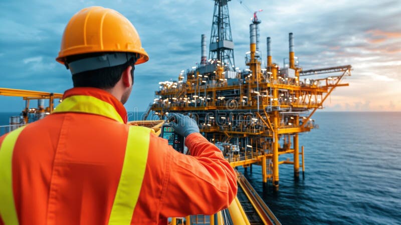 Engineer Adjusting Controls on an Offshore Oil Rig Stock Illustration ...