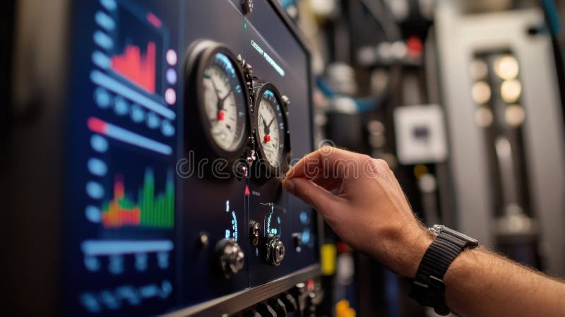 Engineer Monitoring Industrial Process on Control Panel with Gauges and ...