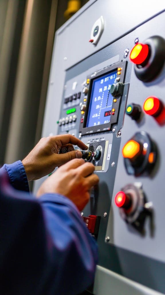 Engineer Operating Industrial Machine with Control Panel Buttons Stock ...