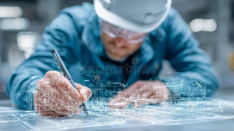 Engineer Adjusting Transparent Blueprint Overlays Using Floating ...