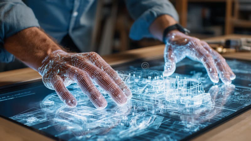 Engineer Adjusting Transparent Blueprint Overlays Using Floating ...