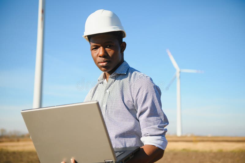 Engineer African Man Standing with Wind Turbine Stock Photo - Image of ...