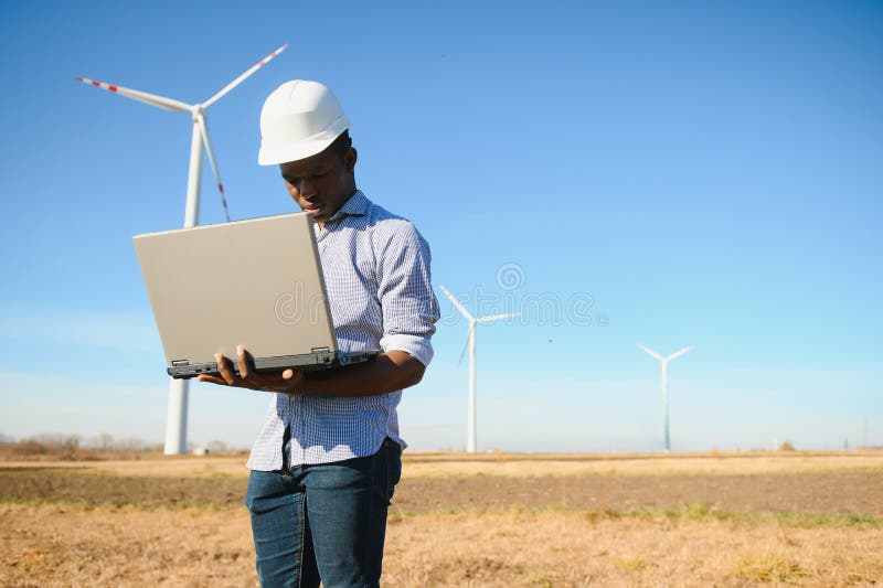 Engineer African Man Standing with Wind Turbine Stock Photo - Image of ...