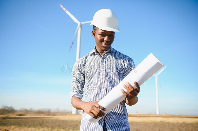 Engineer African Man Standing with Wind Turbine Stock Image - Image of ...