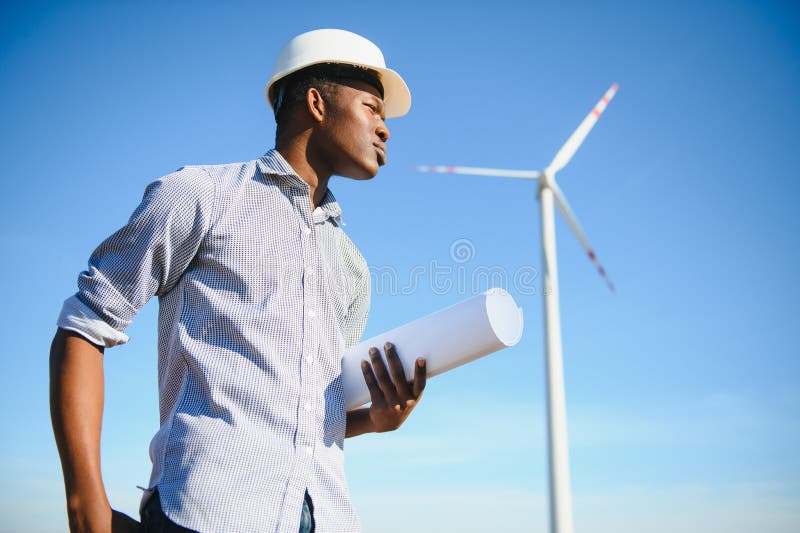 Engineer African Man Standing with Wind Turbine Stock Image - Image of ...