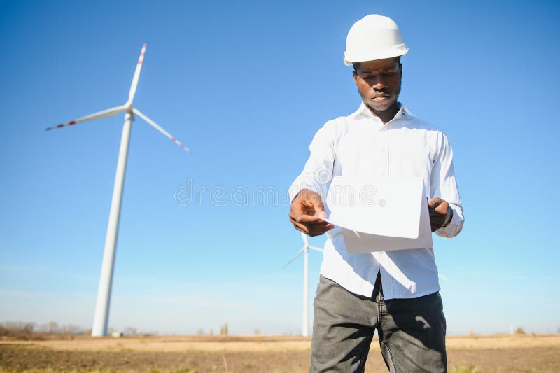 Engineer African Man Standing with Wind Turbine Stock Photo - Image of ...