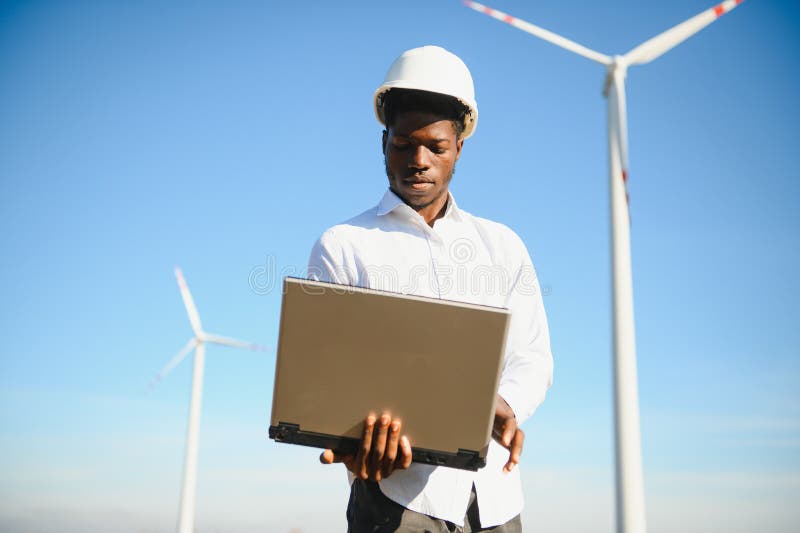 Engineer African Man Standing with Wind Turbine Stock Image - Image of ...