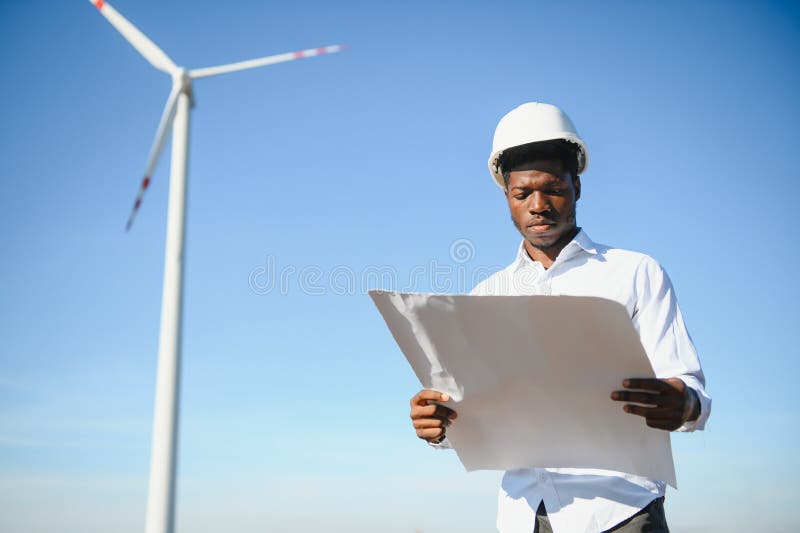 Engineer African Man Standing with Wind Turbine Stock Photo - Image of ...