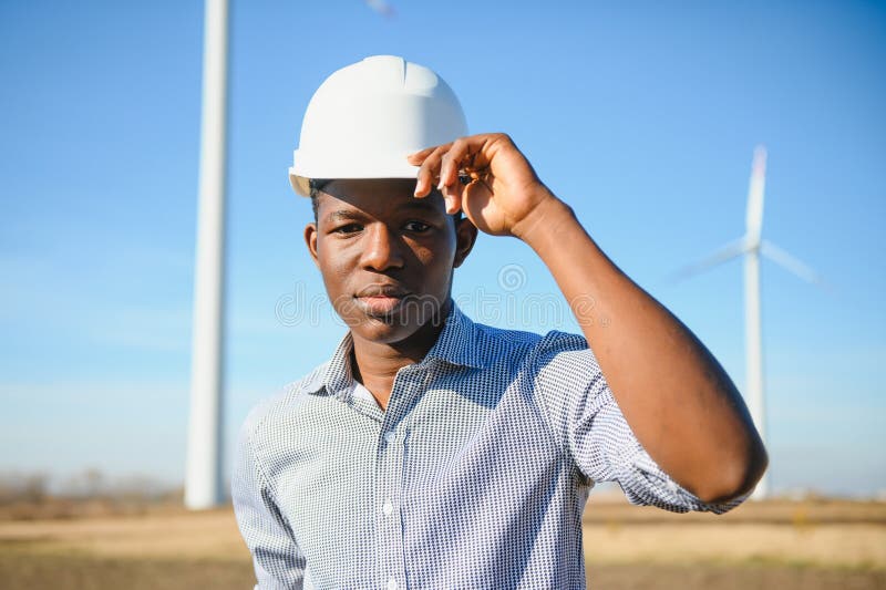 Engineer African Man Standing with Wind Turbine Stock Image - Image of ...