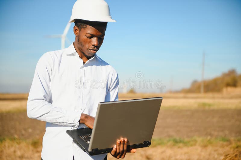 Engineer African Man Standing with Wind Turbine Stock Image - Image of ...