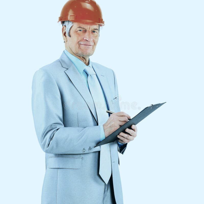 Engineer of Age, with a Plan Reports. Isolated on White Stock Photo ...