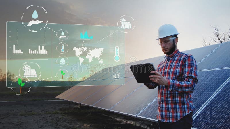 Engineer Analysing Solar Panels Data, Digital Future Job Concept ...