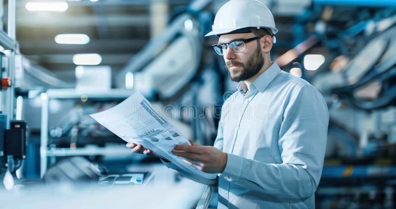 Engineer Analyzing Blueprints and Data in Front of an Active Battery ...