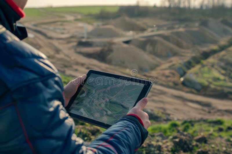 Engineer Analyzing Data on a Digital Tablet. Surveyor Working with Map ...