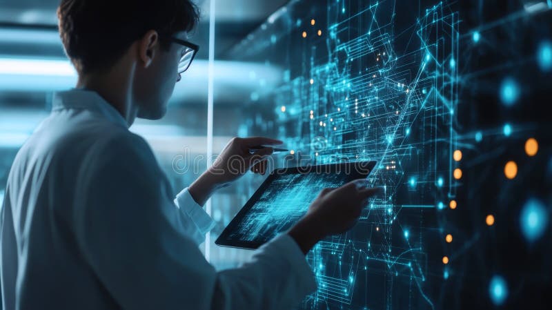 Engineer Analyzing 5G Signal Map on Digital Display Stock Illustration ...