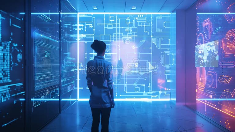 Engineer Analyzing Holographic Futuristic Big Data Interface in Digital Augmented Reality ...