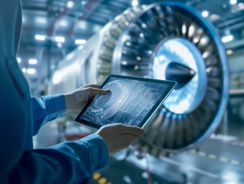 Engineer Analyzing Jet Engine with Digital Tablet Stock Image - Image ...
