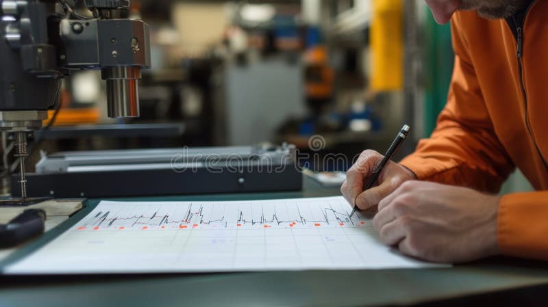 Engineer Analyzing Production Data and Taking Notes in Manufacturing ...