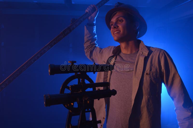 Engineer with Antique Surveying Transit Stock Image - Image of person ...