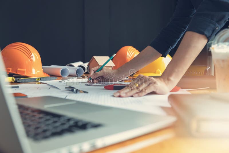 Engineer Architects Office Team Working with Blueprints, Vintage Effect ...